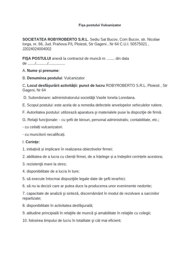 Fisa Postului Vulcanizator | PDF