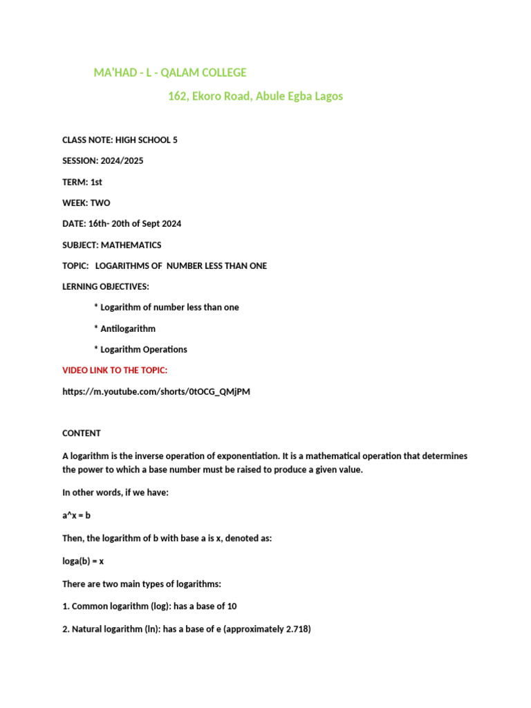 1 Logarithm of Numbers Less Than One 1726822031 | PDF | Logarithm ...