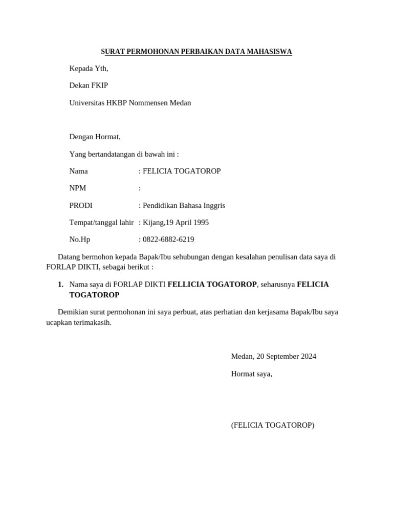 Surat Permohonan Perbaikan Data Mahasiswa - Docx Felica | PDF