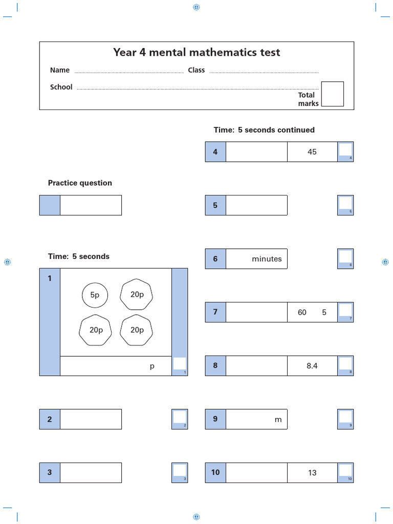 Year 4 Optional 2006 Mathematics Mental Maths Answer Sheet | PDF