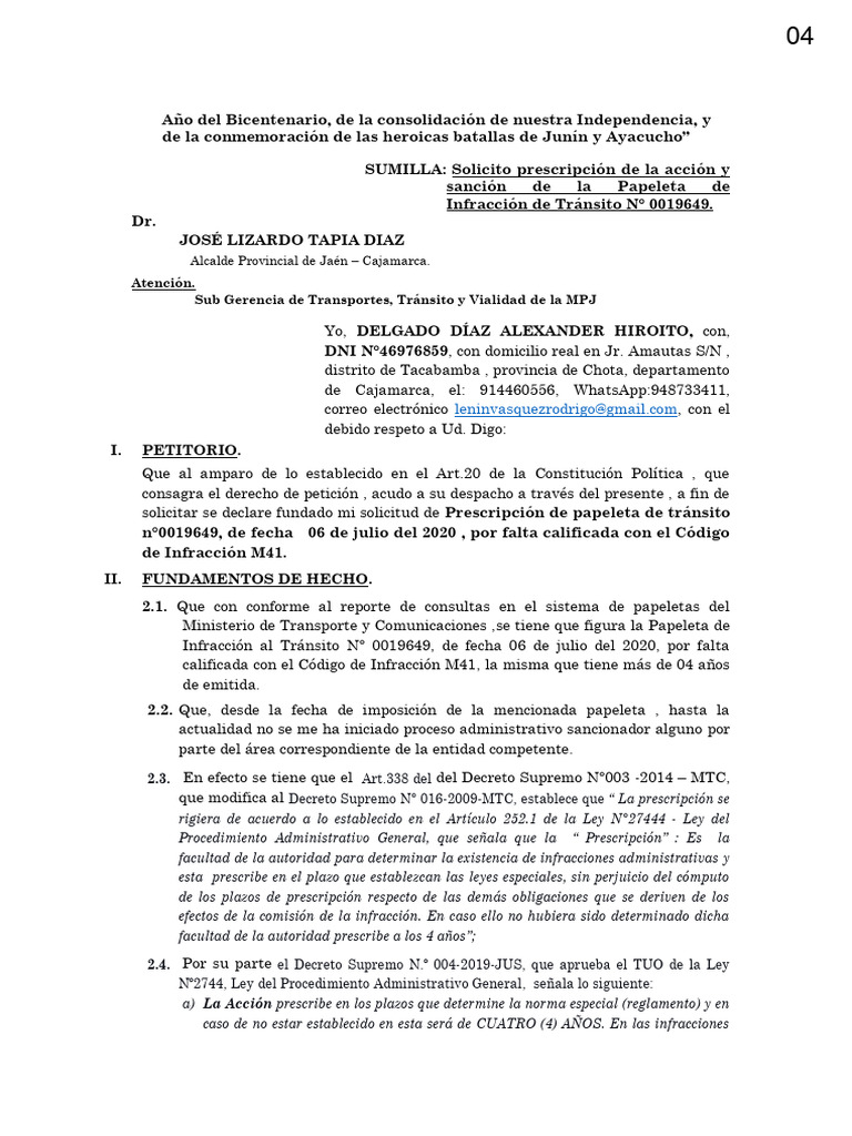Solicito Prescripción de La Acción y Sanción de La Papeleta de Infracción de Tránsito #0019649 ...