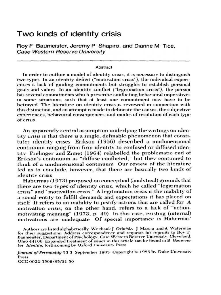 Baumesiter, Shapiro & Tice, Two Kinds of Identity Crisis | PDF