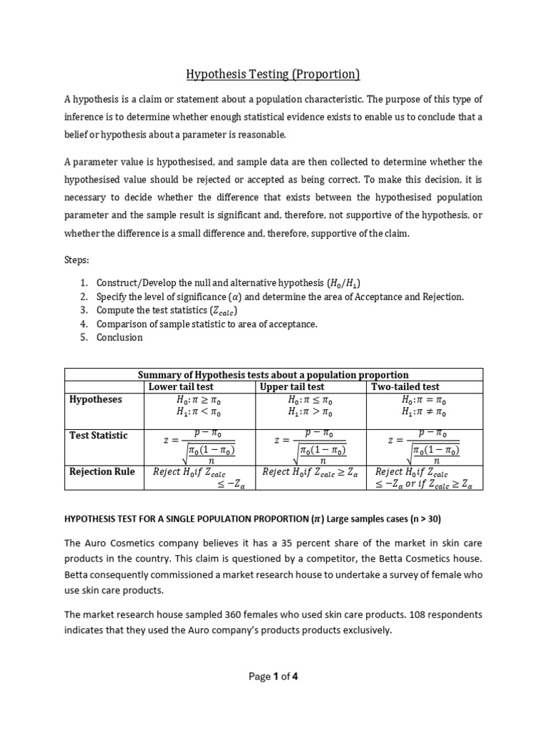 Hypothesis Testing - Proportion | PDF
