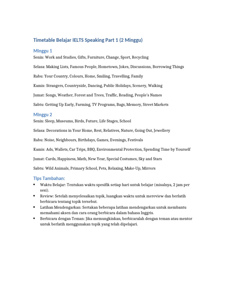 Timetable Ielts Speaking | PDF