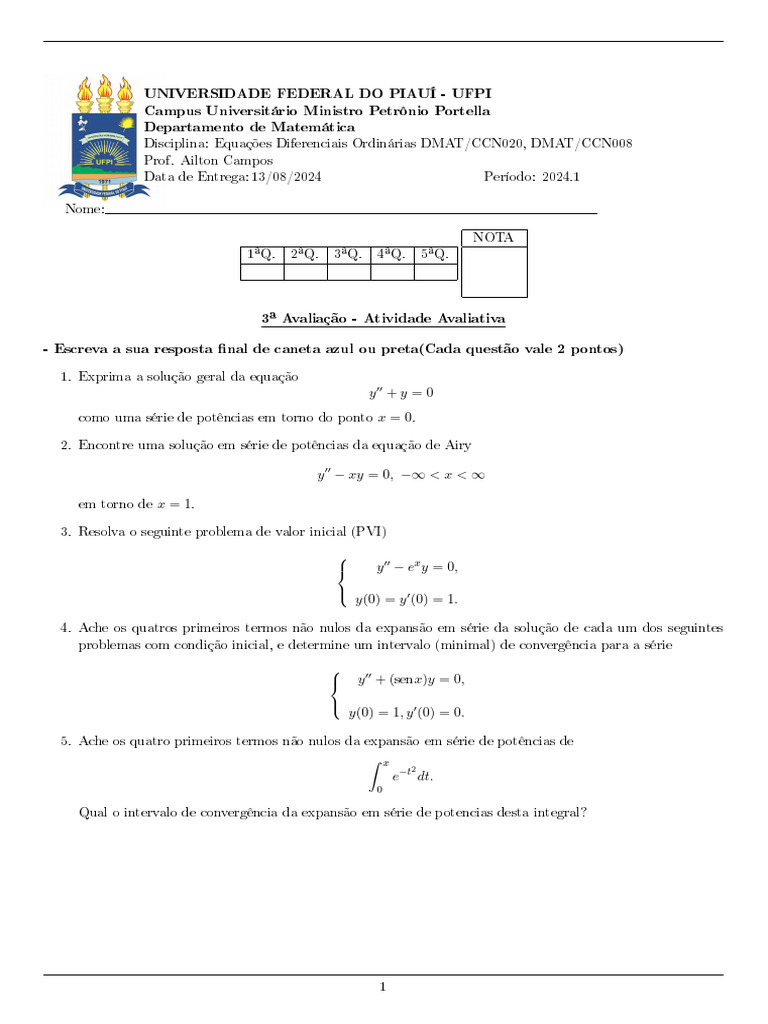 Prova III - EDO - Ailton - 2024.1 - Atividade Avaliativa | PDF