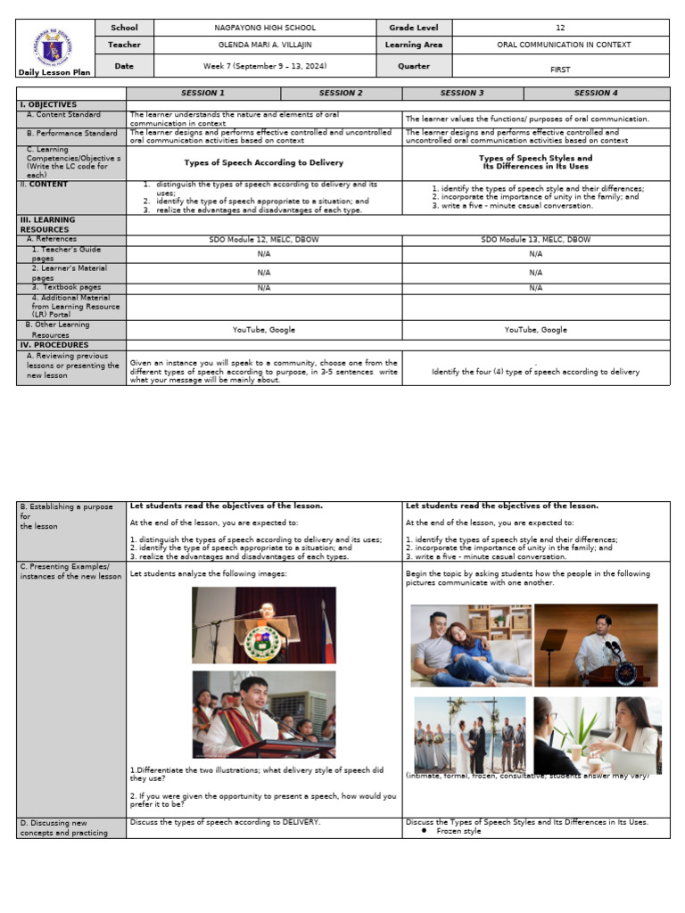 Session 1 Session 2 Session 3 Session 4: School Grade Level Teacher Learning Area Date Quarter | PDF