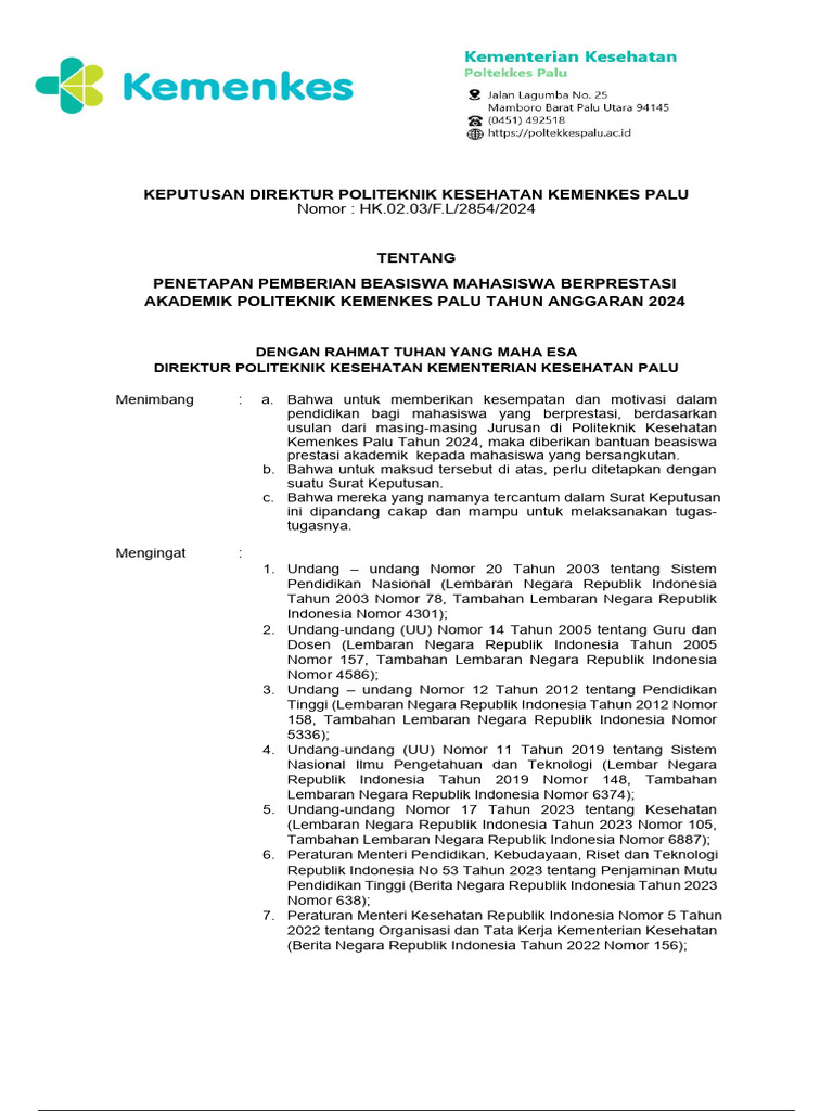 Update SK Beasiswa Berprestasi 2 Tahun 2024 | PDF