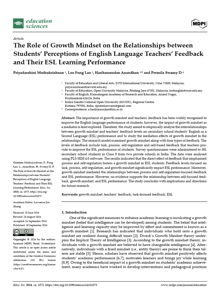 The Role of Growth Mindset On The Relationships Between Students' Perceptions of English ...