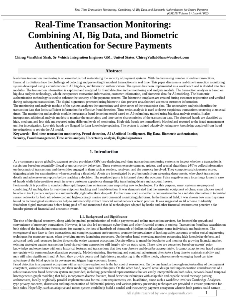 Real-Time Transaction Monitoring Combining AI, Big Data, and Biometric Authentication For Secure ...