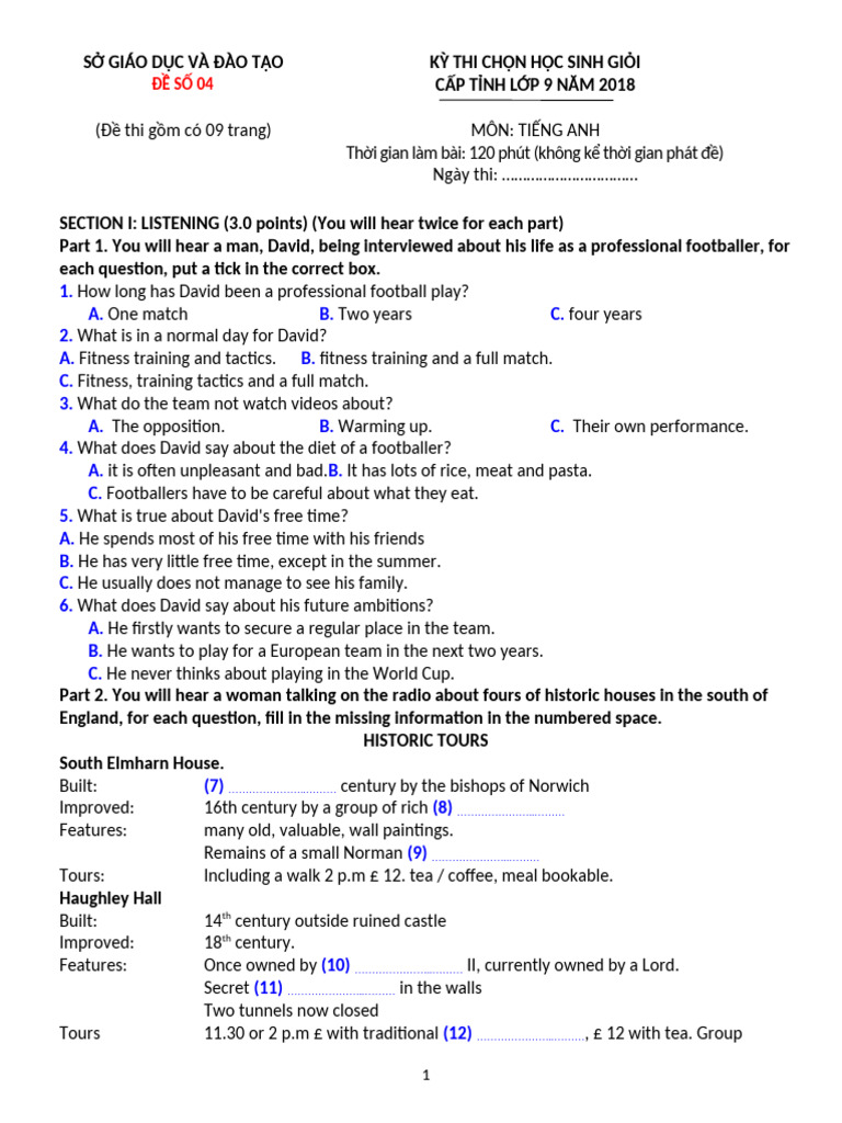 ĐỀ SỐ 04-HSG ANH 9 | PDF
