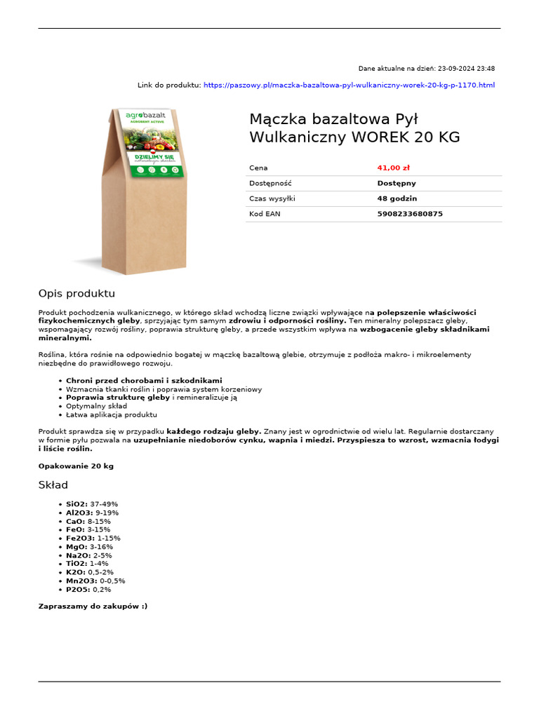 Maczka Bazaltowa Pyl Wulkaniczny Worek 20 KG | PDF