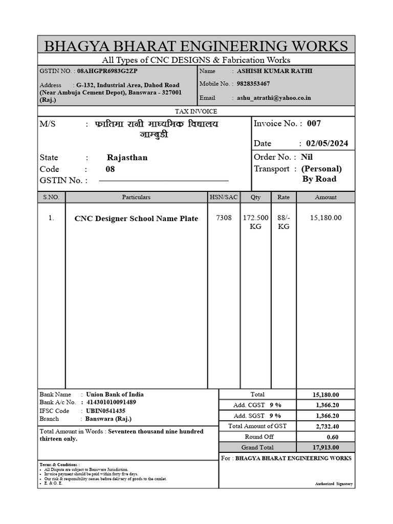Bhagya Bharat Engineering Works: Qkfrek Jkuh Ek? Fed Fo - Ky Tkecqmh | PDF