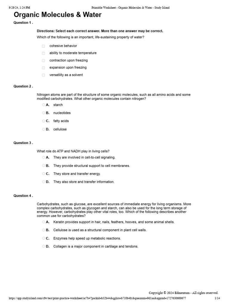 Printable Worksheet - Organic Molecules & Water | PDF