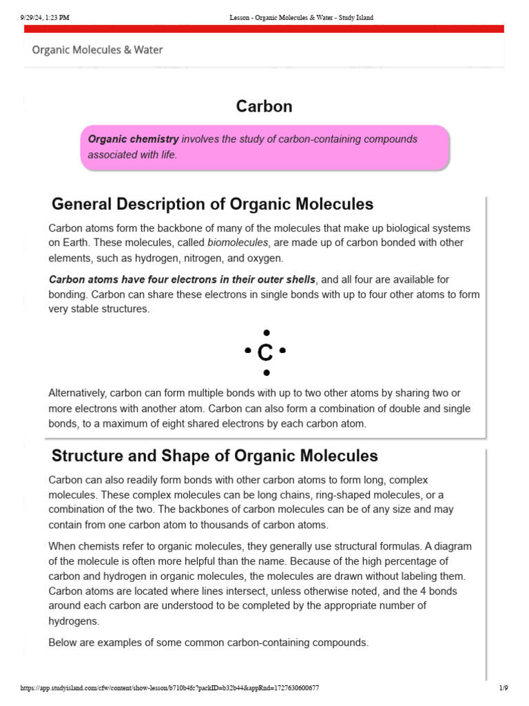 Lesson - Organic Molecules & Wate | PDF