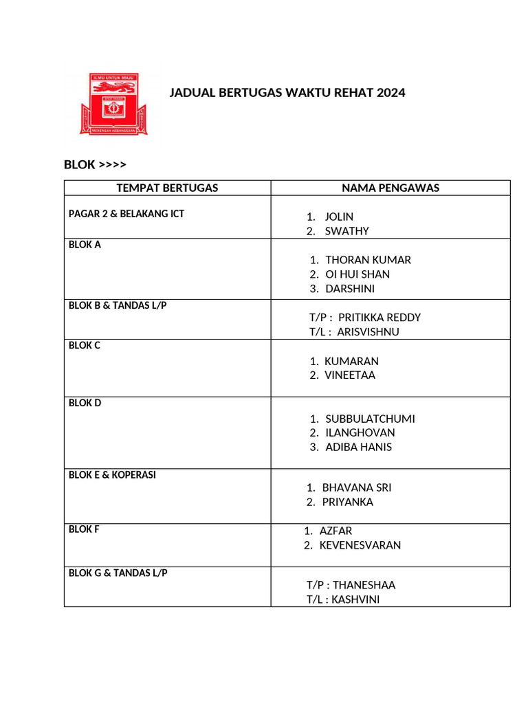 Jadual Bertugas Waktu Rehat 2024-2 | PDF