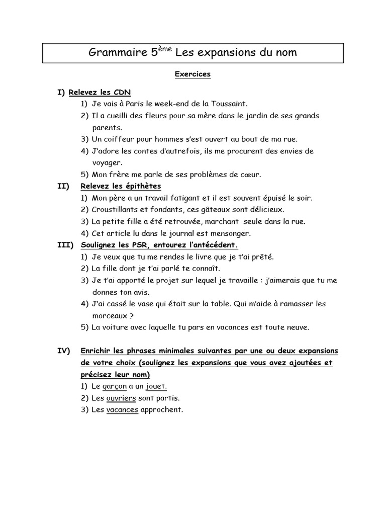 EXO 5ème Les Expansions Du Nom | PDF