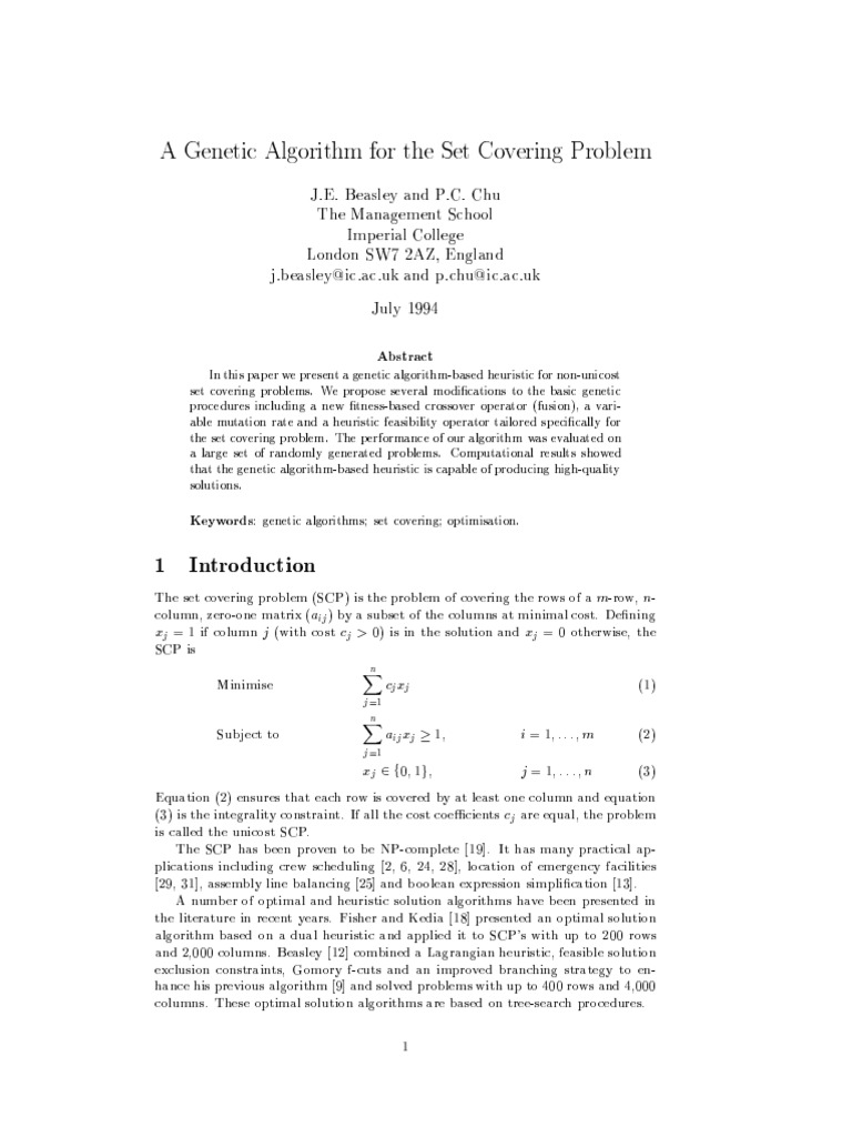 A Genetic Algorithm For The Set Covering Pdf