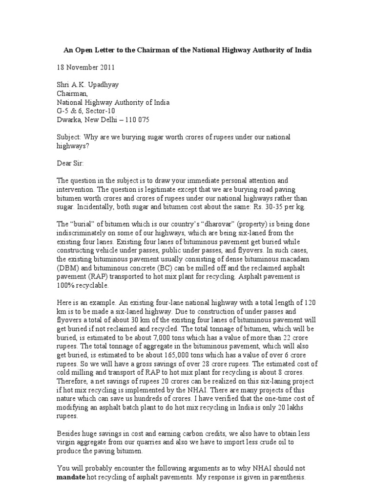 Open Letter To The Chairman of The NHAI About Hot Recycling 18 November ...