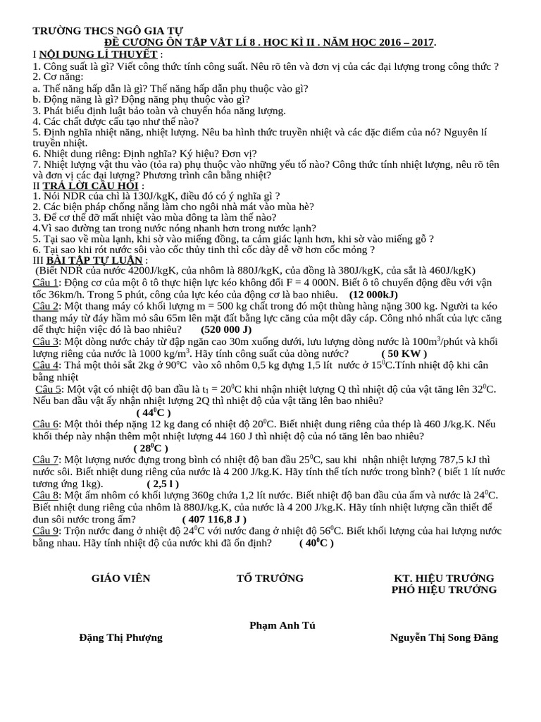 De Cuong On Tap HK 2 Vat Li 8 (16-17) | PDF