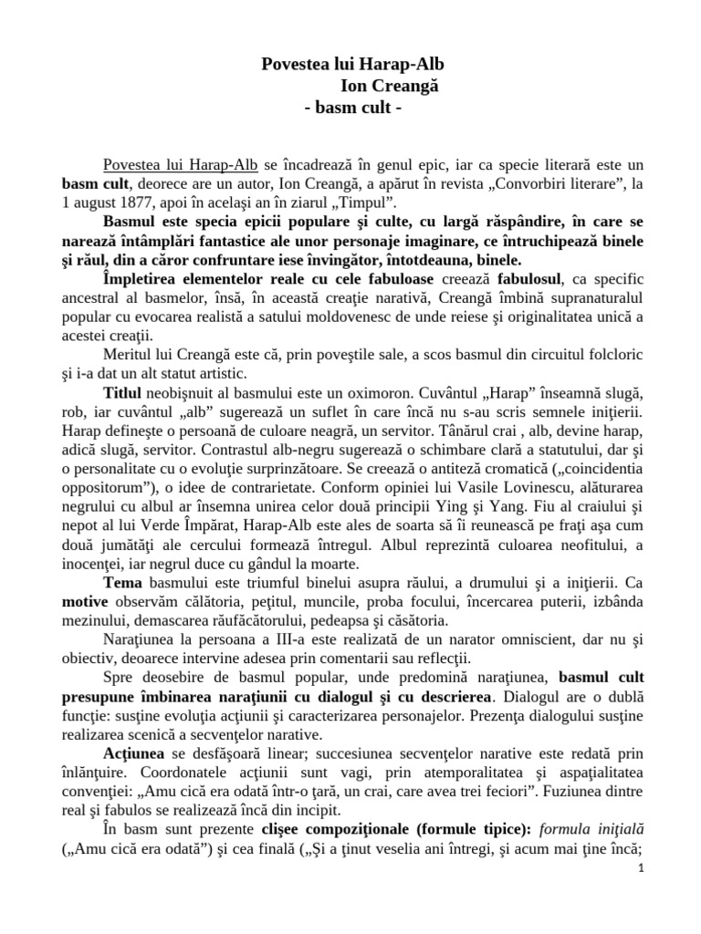 Povestea Lui Harap Ion Creanga Basm Cult | PDF