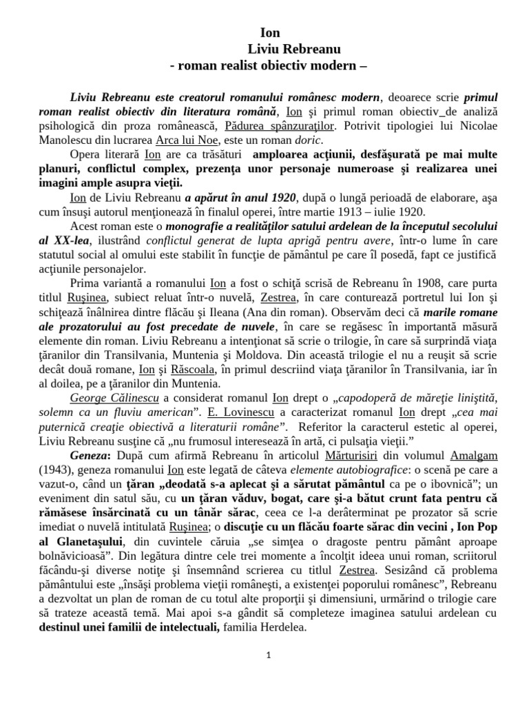 Ion Liviu Rebreanu Roman Realist Obiectiv Modern BAC | PDF