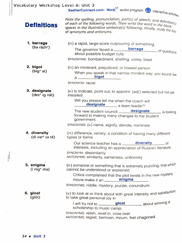 Vocabulary Workshop A - Unit 3 Words | PDF