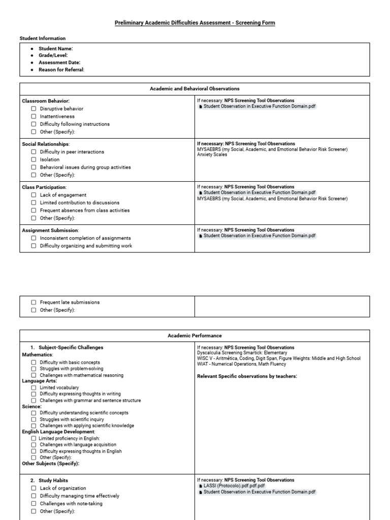 Preliminary Academic Difficulties Assessment - Screening Form | PDF