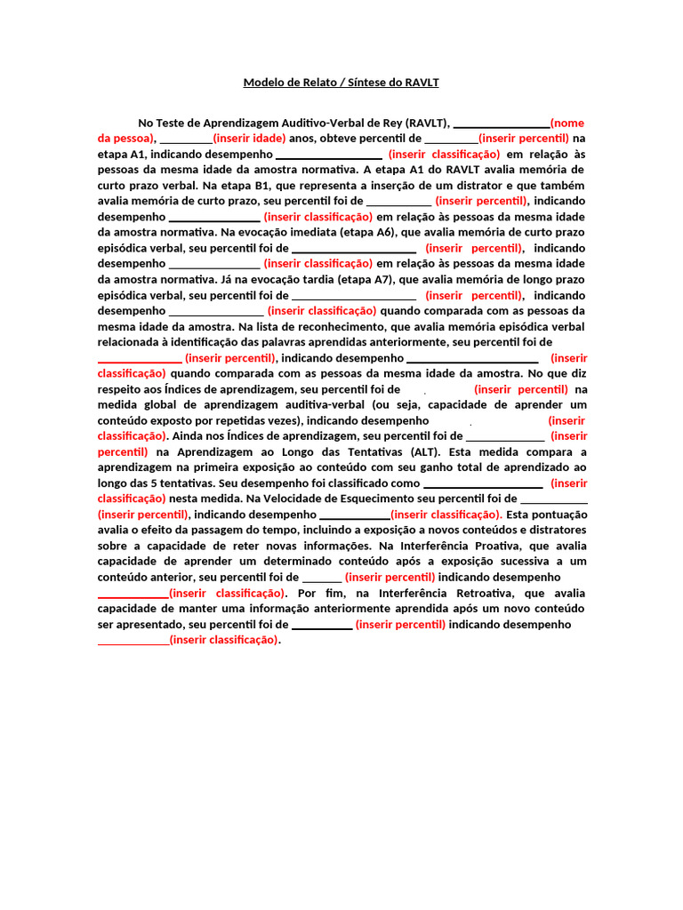 Modelo de Relato RAVLT 2 | PDF