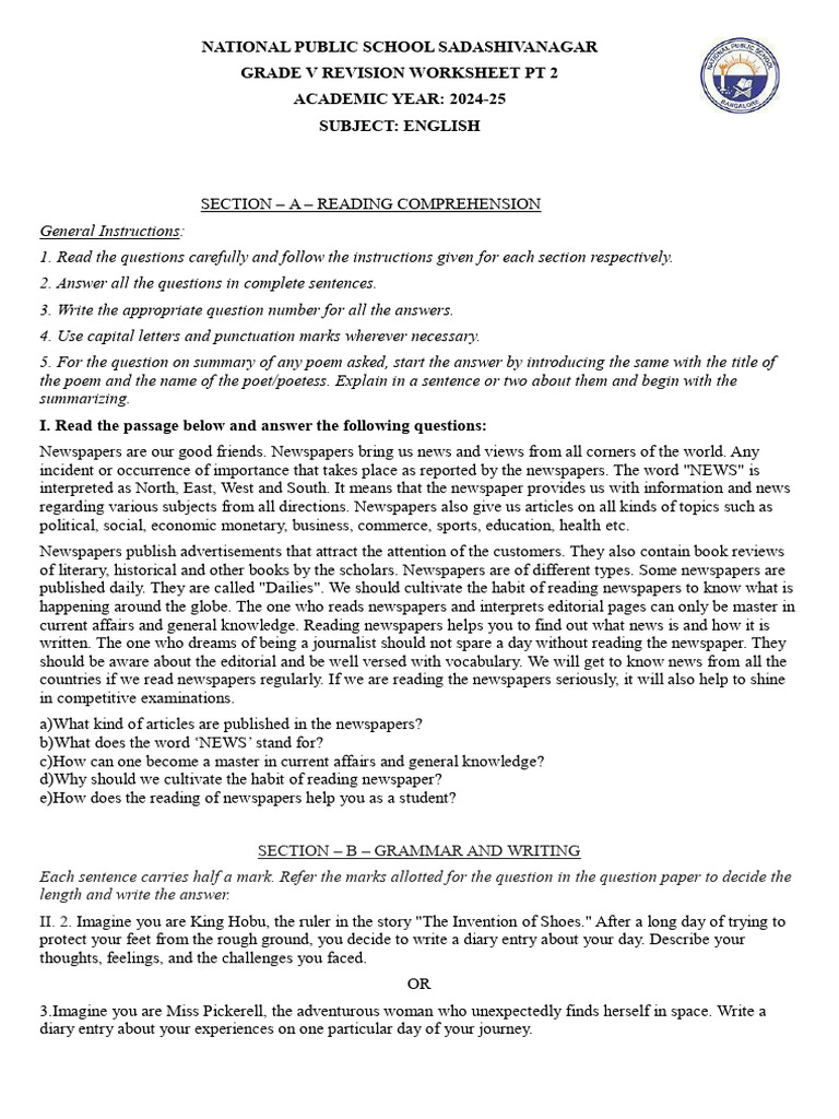 Class 5 English - Revision Worksheet (PT - 2) | PDF