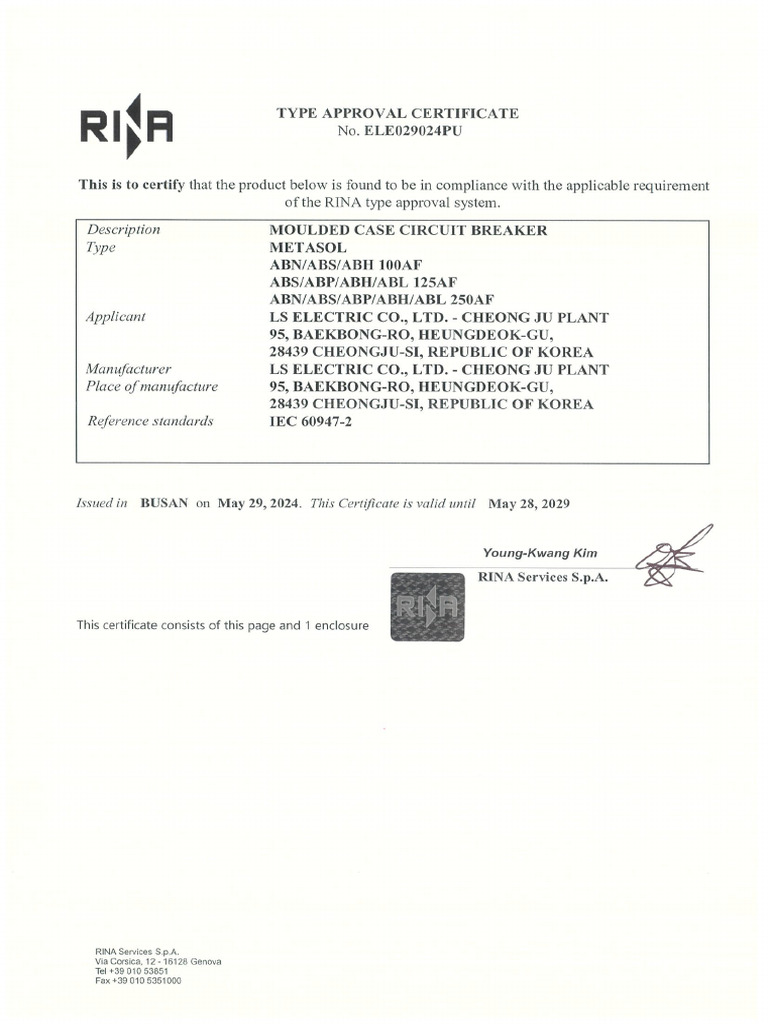 Metasol MCCB - RINA - #1 - 2024.05.29 | PDF