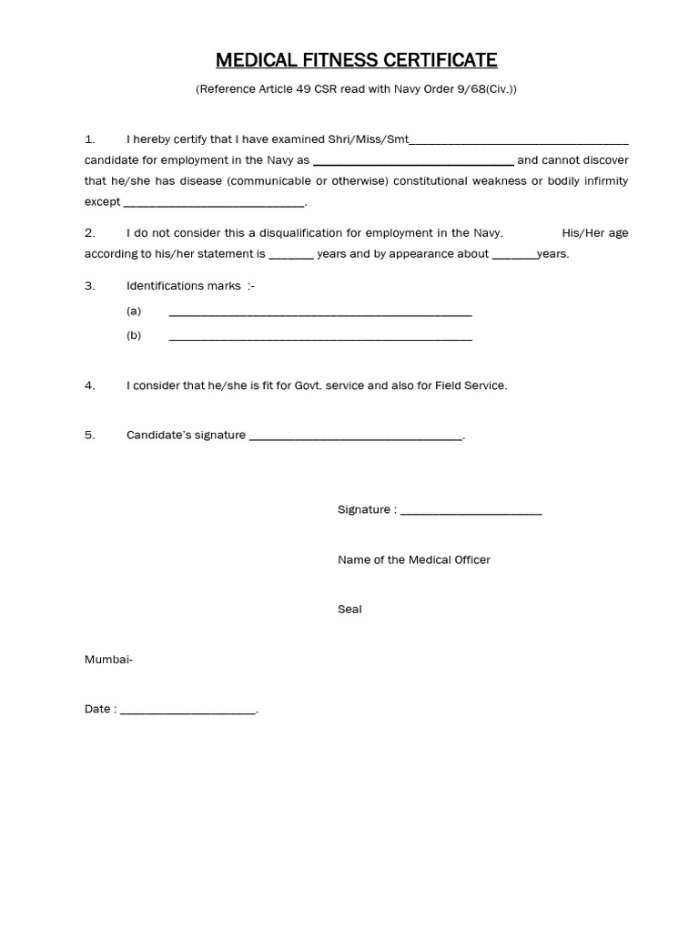 Medical Fitness Certificate | PDF