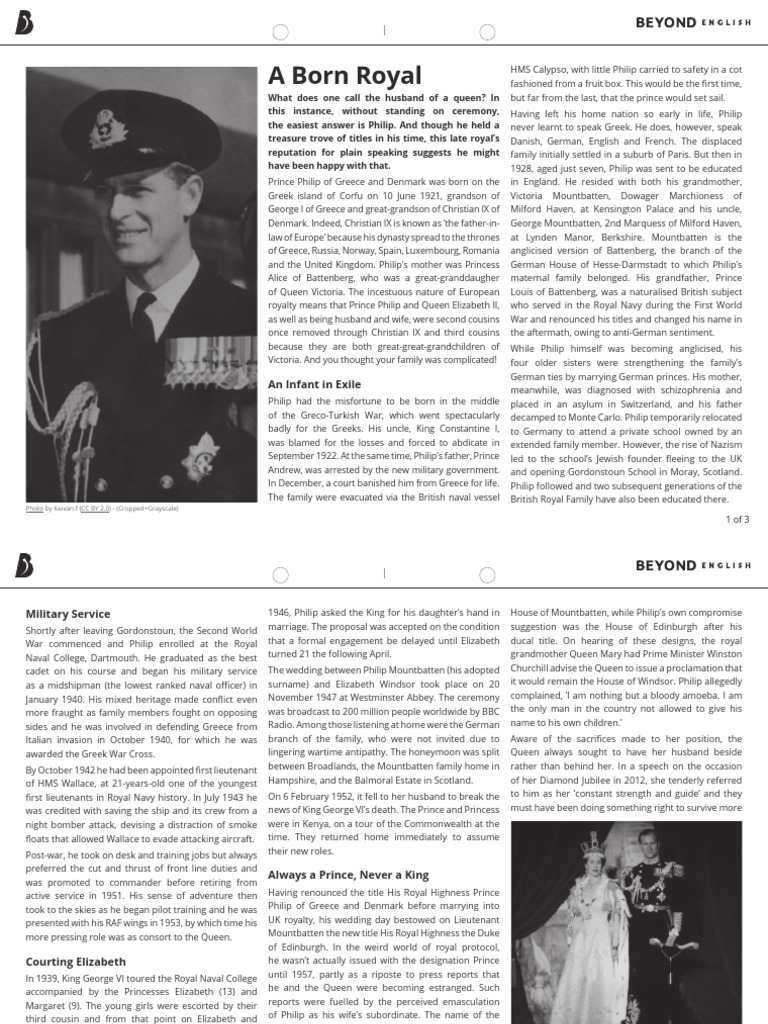 Prince Philip Reading Comprehension - BW | PDF