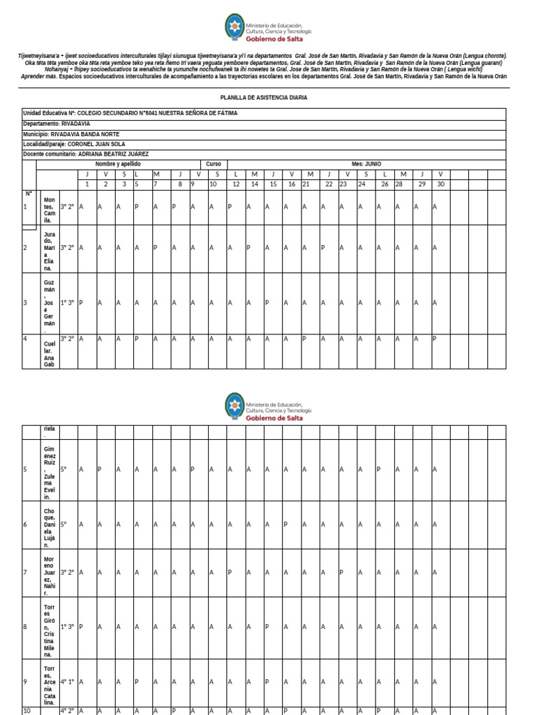 Planilla Asistencia JUNIO | PDF