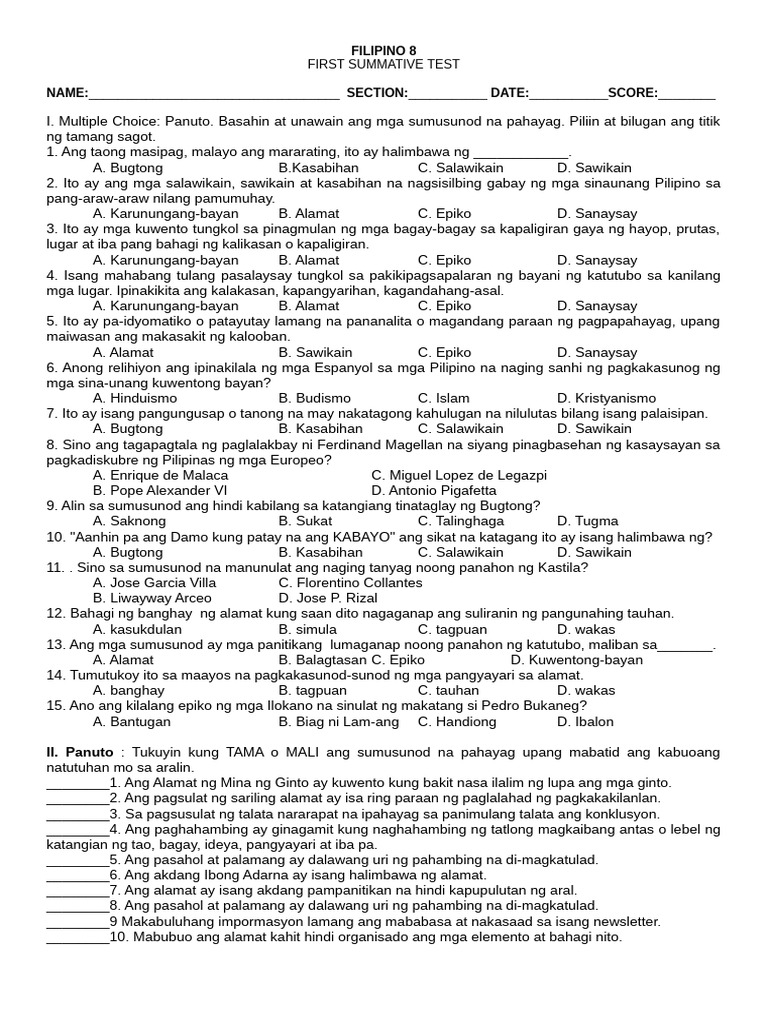 Filipino 8 Summative Test Guide | PDF | Philippines