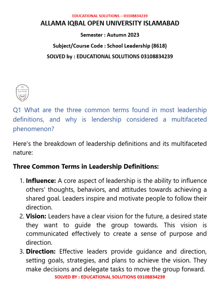 School Leadership 8618 Solved Pdf