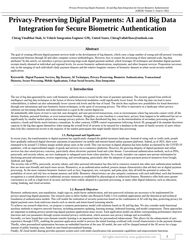 Privacy-Preserving Digital Payments AI and Big Data Integration For Secure Biometric ...