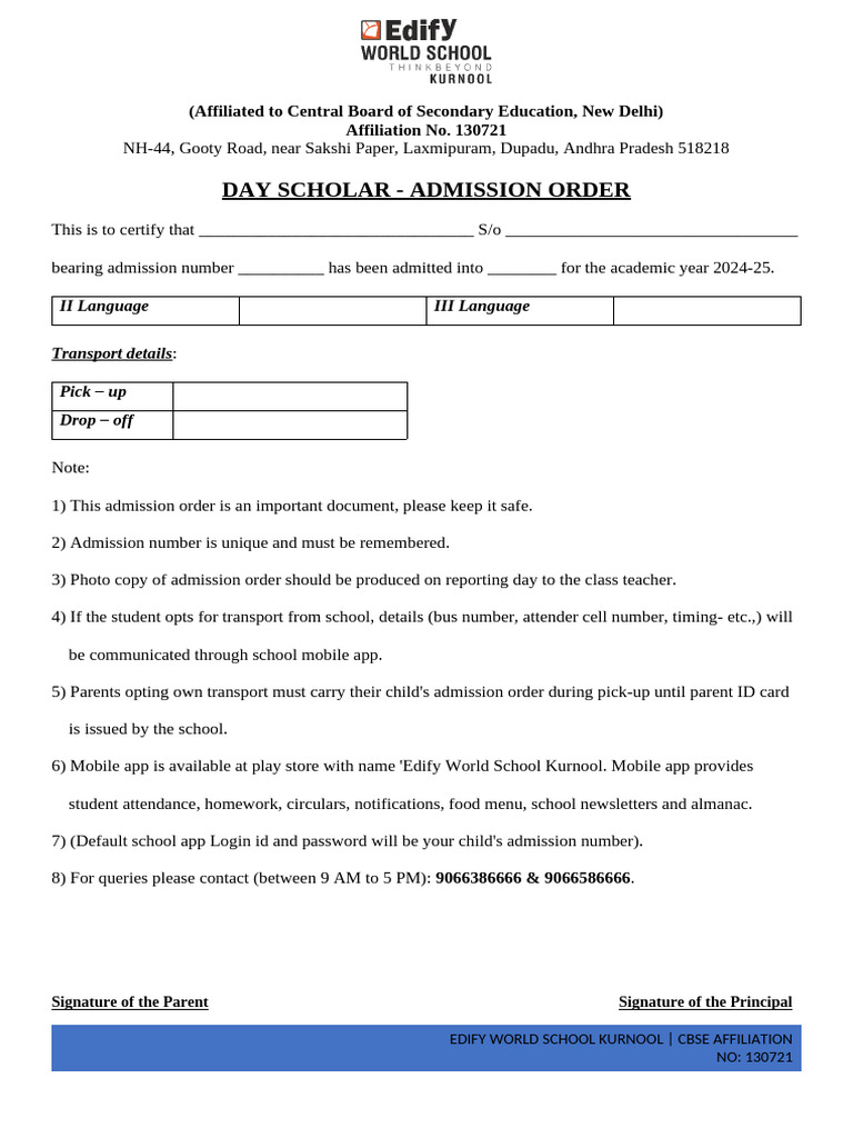 Admission ORder Form | PDF
