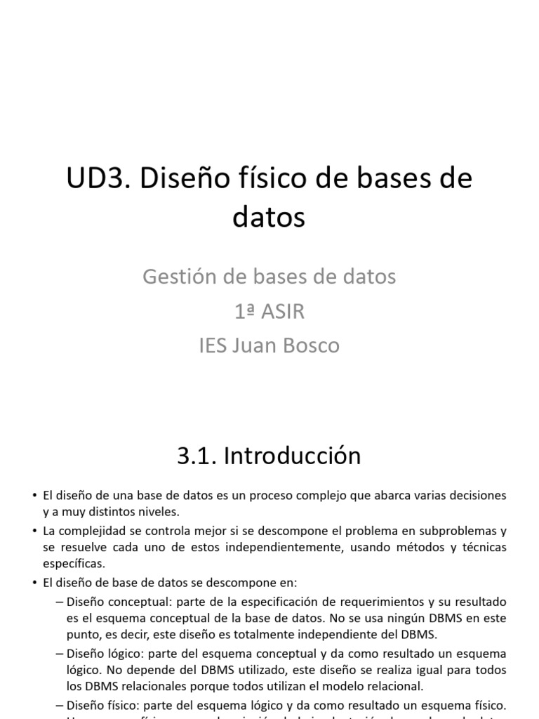 UD3. Diseño Físico de Bases de Datos | PDF