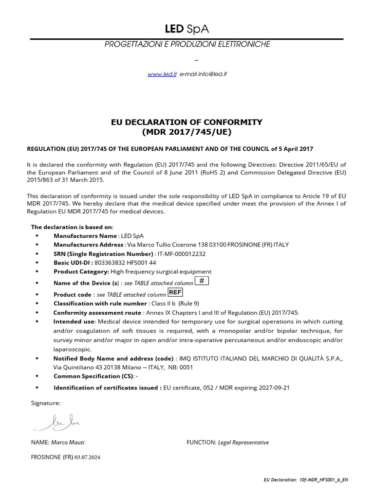 Eu Declaration of Conformity (MDR 2017/745/UE) : Ie / MT | PDF