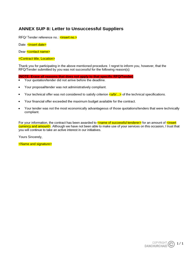 Unsuccessful Tender Notification Letter | PDF | Business