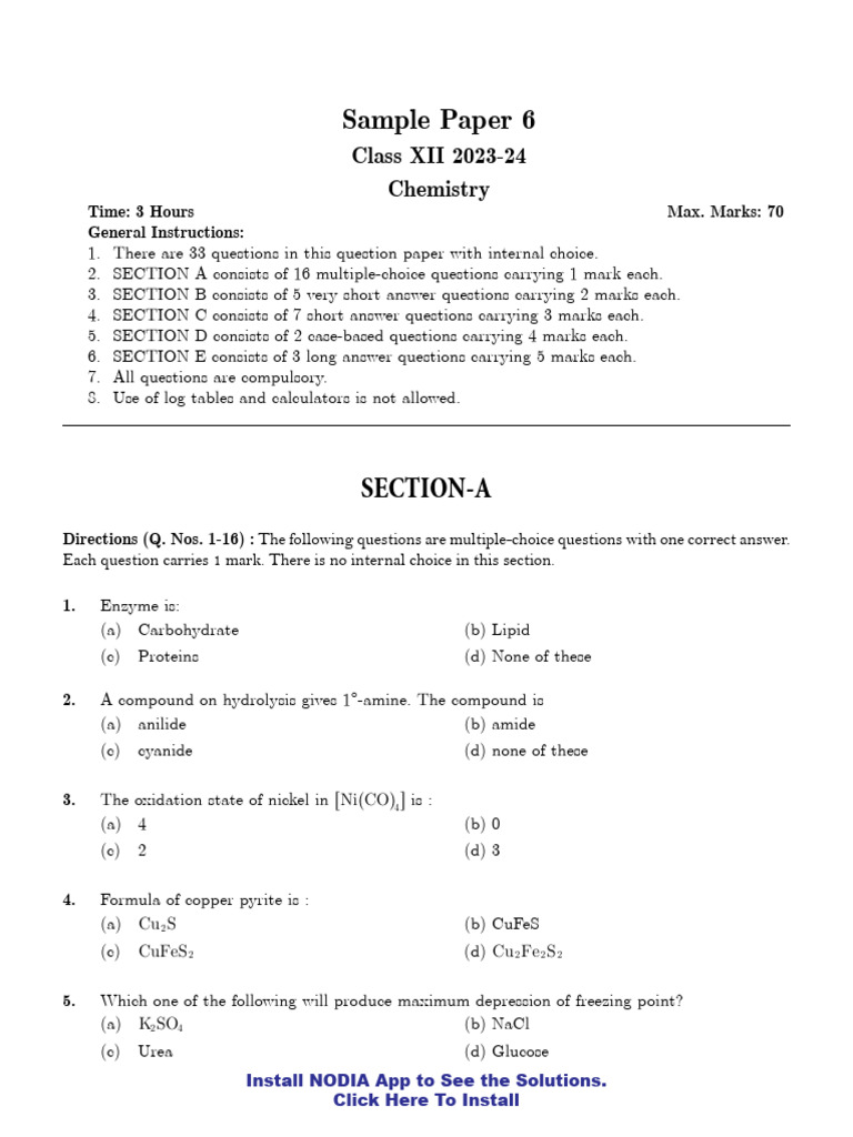 CH Sample Paper 6 Unsolved | PDF | Ketone | Aldehyde