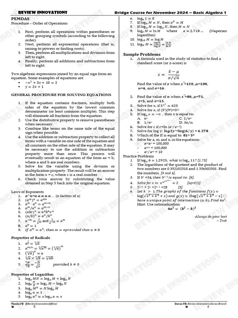 Basic Algebra 1 | PDF | Logarithm | Teaching Methods & Materials