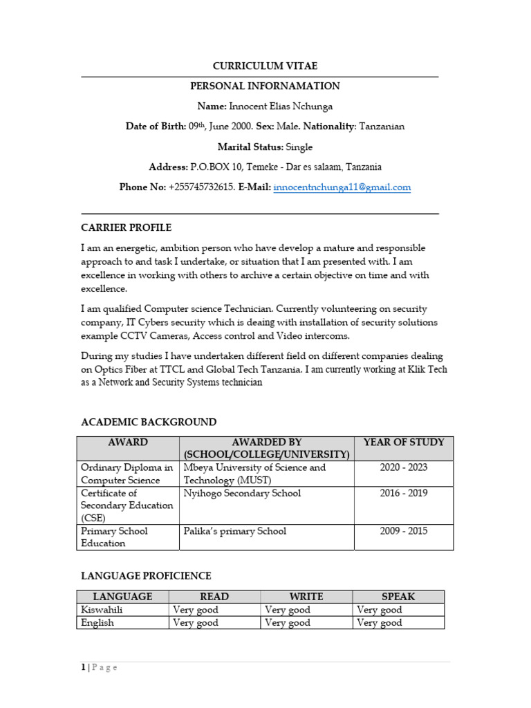 Innocent Elias CV | PDF
