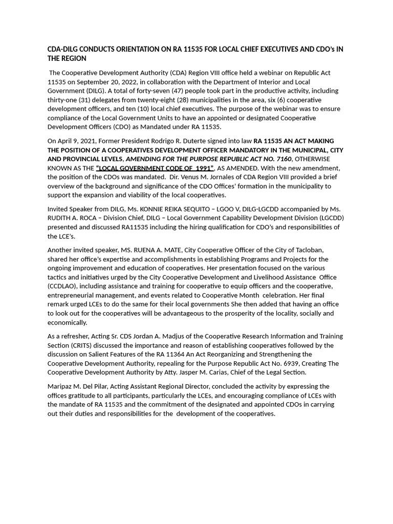 CDA-DILG CONDUCTS ORIENTATION ON RA 11535 FOR LOCAL CHIEF EXECUTIVES AND CDO's IN THE REGION | PDF