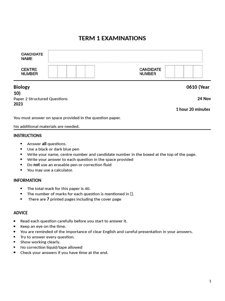 Exam Paper Biology Term 1 Paper 2 | PDF