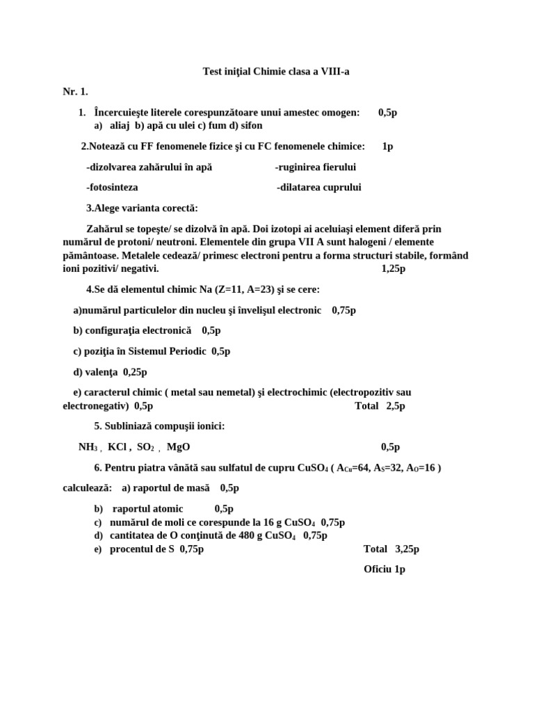 Test Initial Chimie Clasa A VIII 1 | PDF