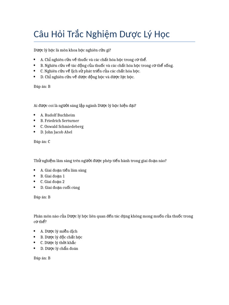 Cau Hoi Trac Nghiem Duoc Ly 50 Cau | PDF