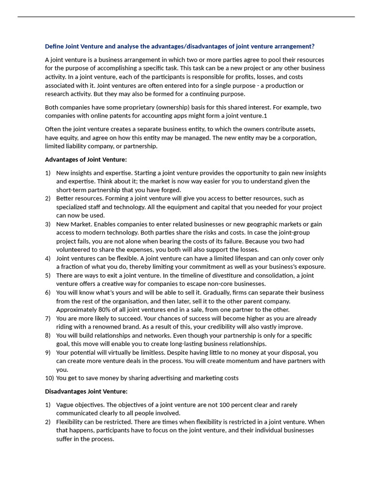 Define Joint Venture and Analyse The Advantages | PDF