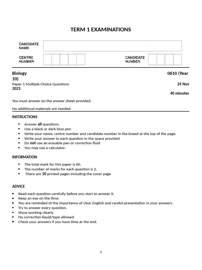 Exam Paper Biology Term 1 Paper 1 | PDF