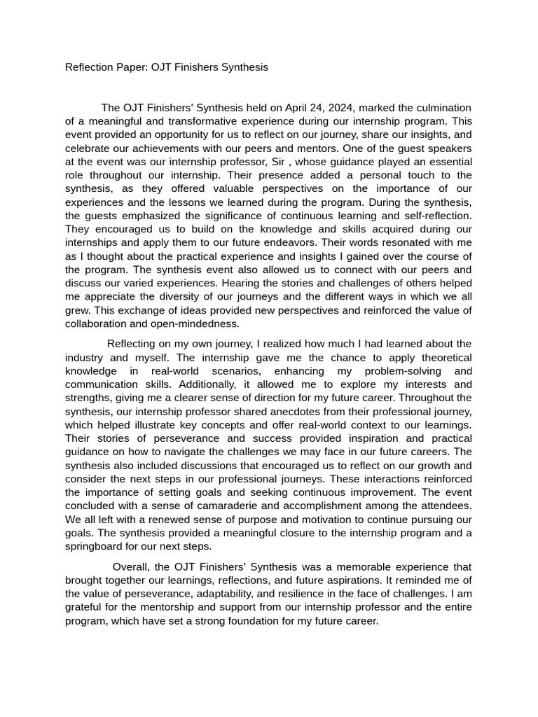 OJT Synthesis Reflection Paper | PDF | Psychological Resilience | Career & Growth